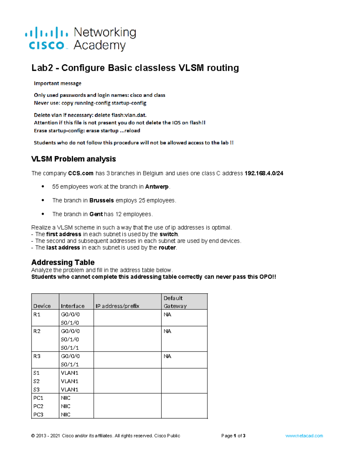 Lab2 - Configure Basic classless VLSM routing - 168.4/ 55 employees work at the branch in ...