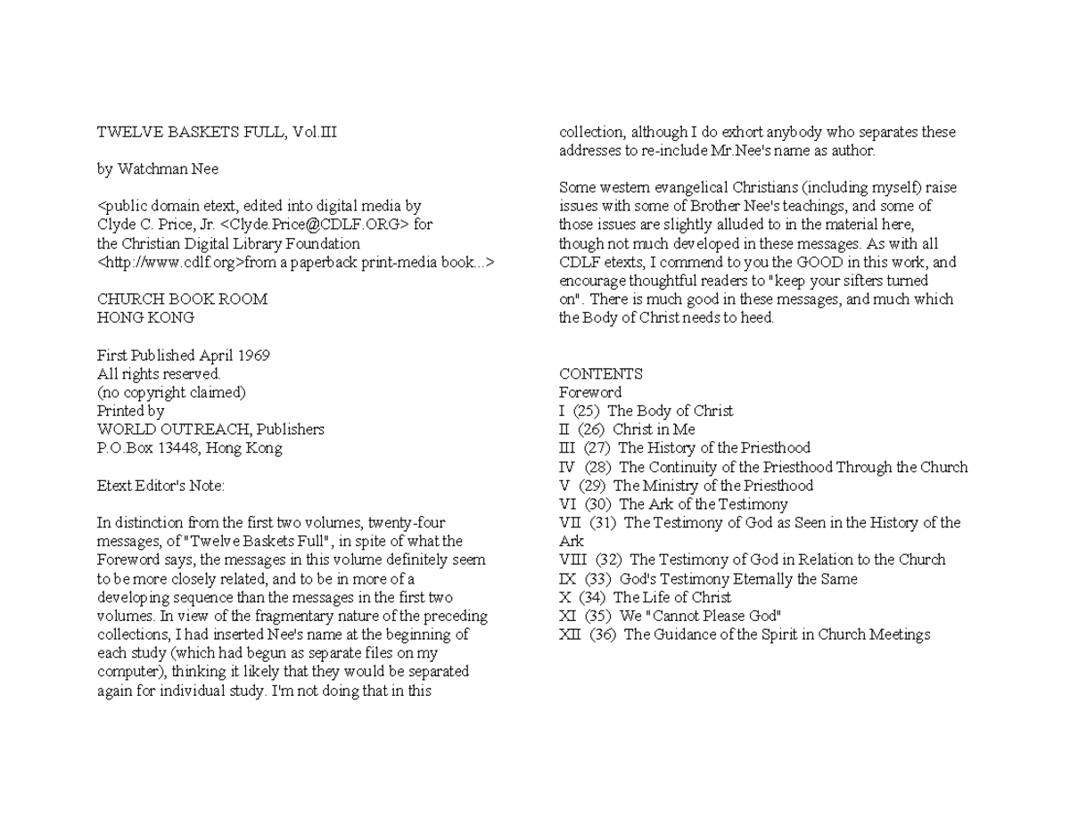 Inbound 8523146100699560209 - TWELVE BASKETS FULL, Vol by Watchman Nee