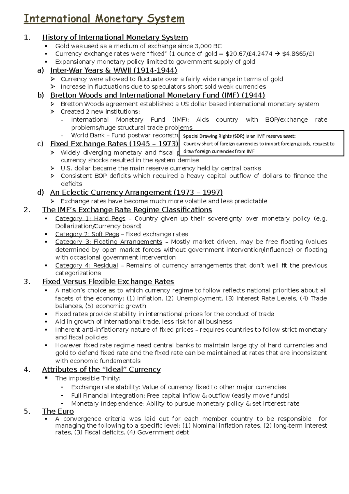 Topic 2 notes - Lecture note 2 - International Monetary System 1 ...