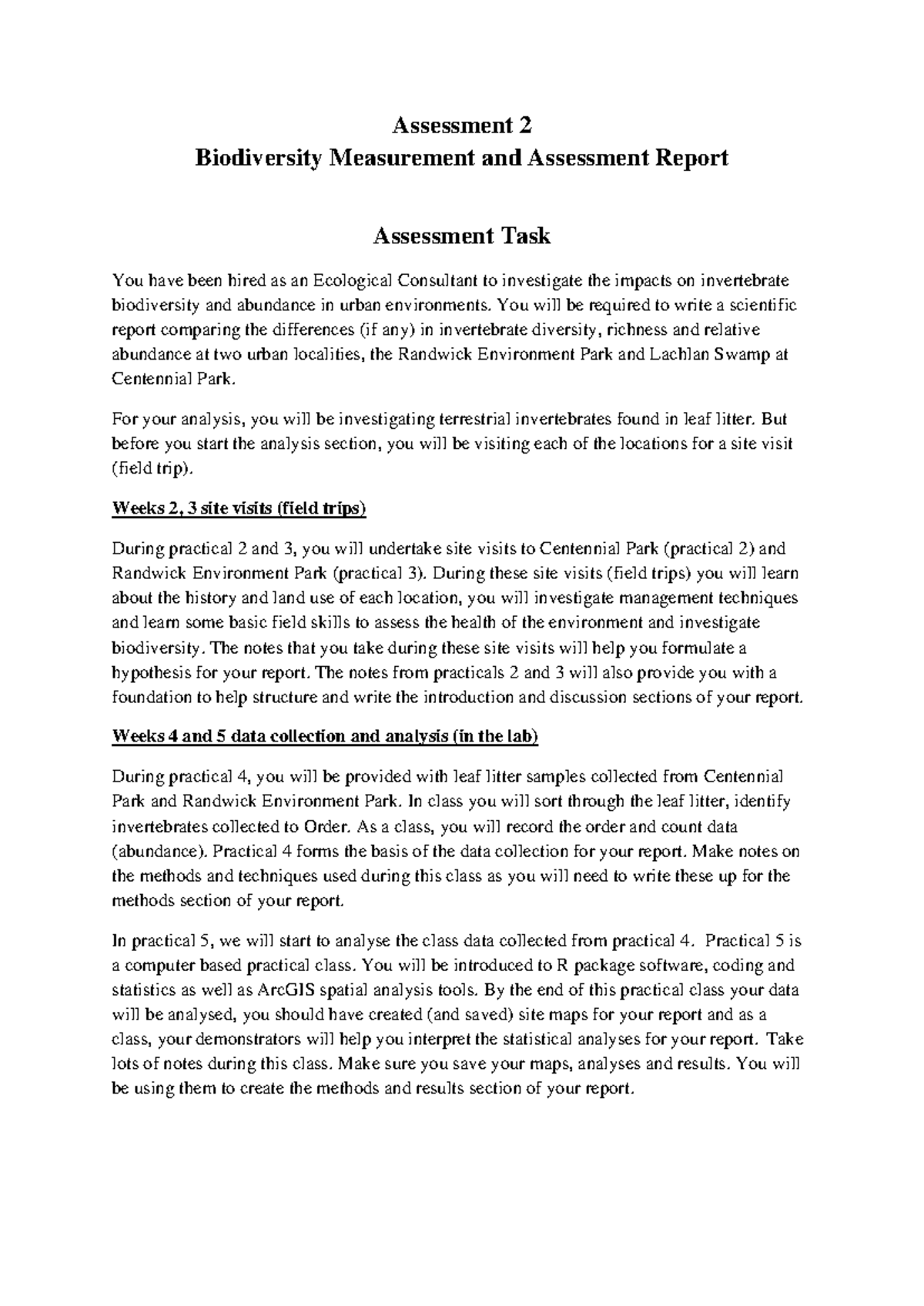 Assessment 2 Biodiversity Report Instructions 2023 - Assessment 2 ...