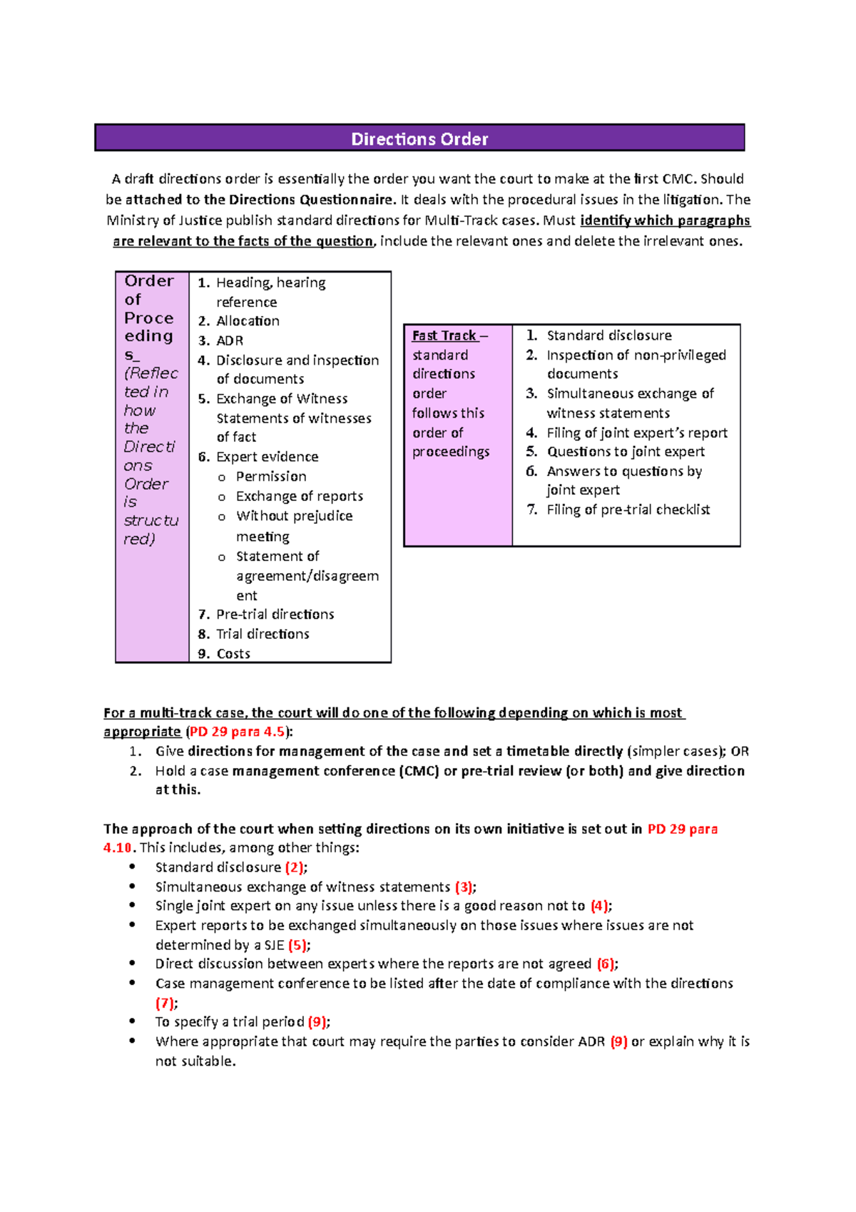 Directions Order- dr w8 part 3 - Directions Order A draft directions ...