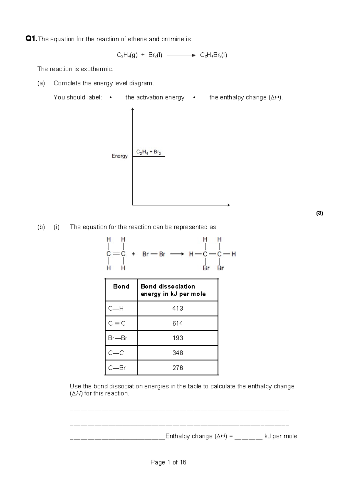 Higher Tier Only - Q1 equation for the reaction of ethene and bromine ...