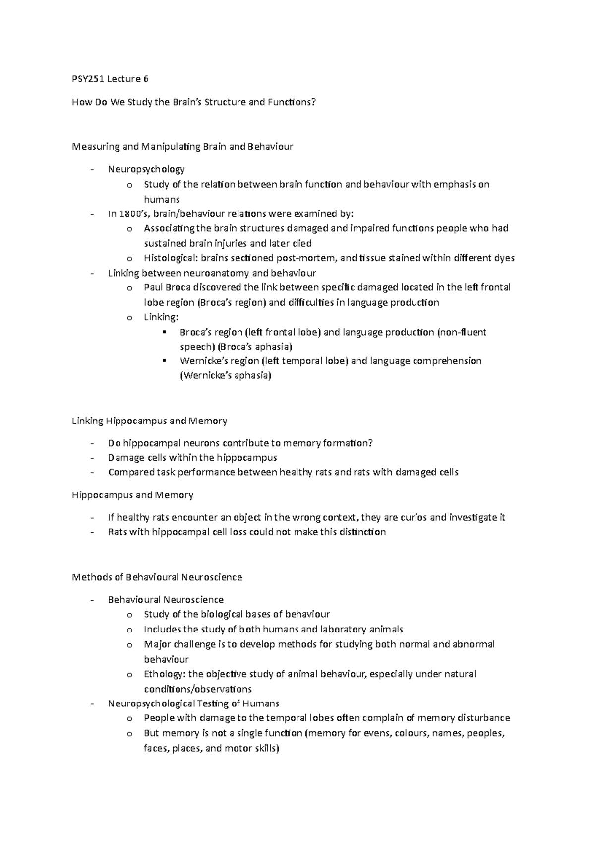 PSY251 How do we study the brain's structures and functions - PSY251 ...