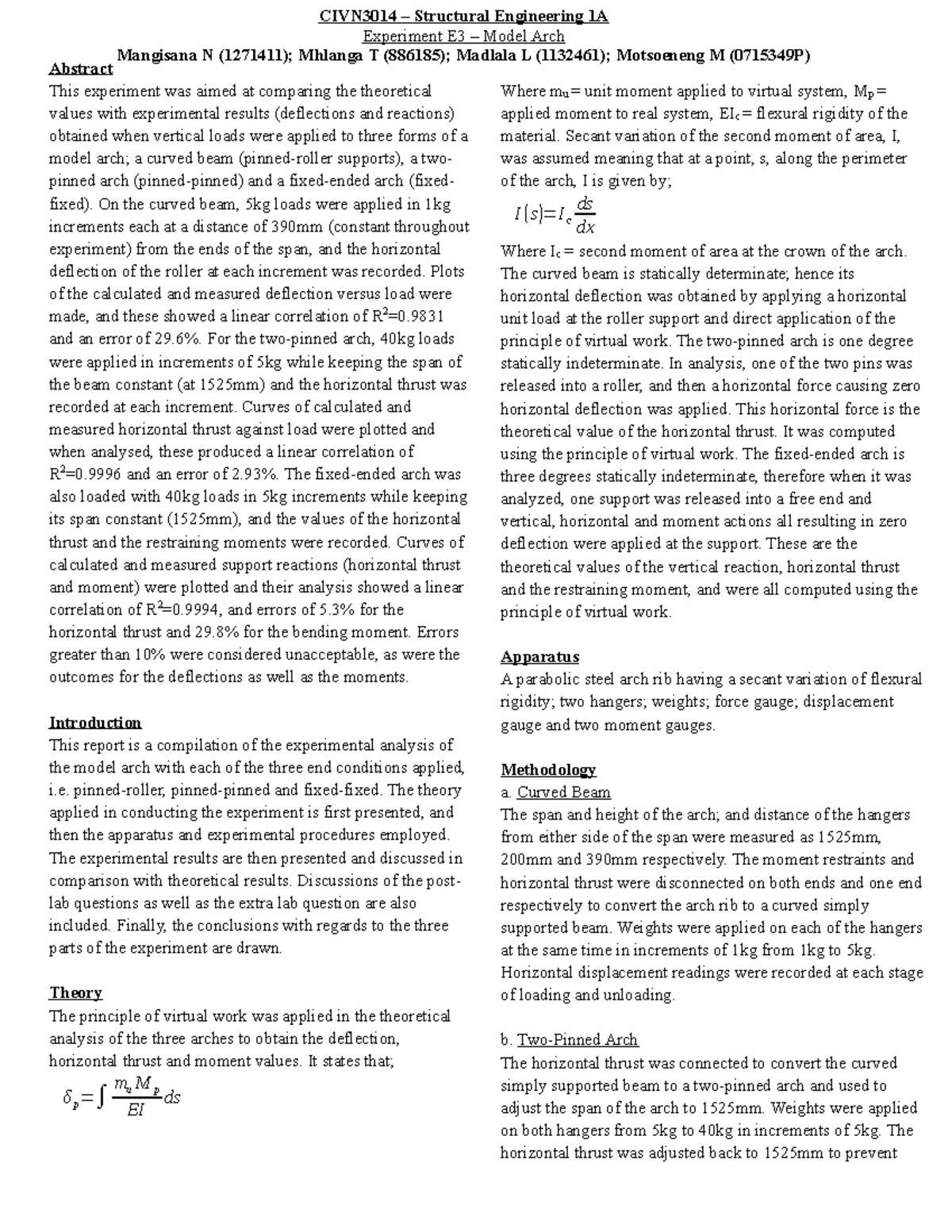 Experiment E3 Report - CIVN3014 – Structural Engineering 1A Experiment ...