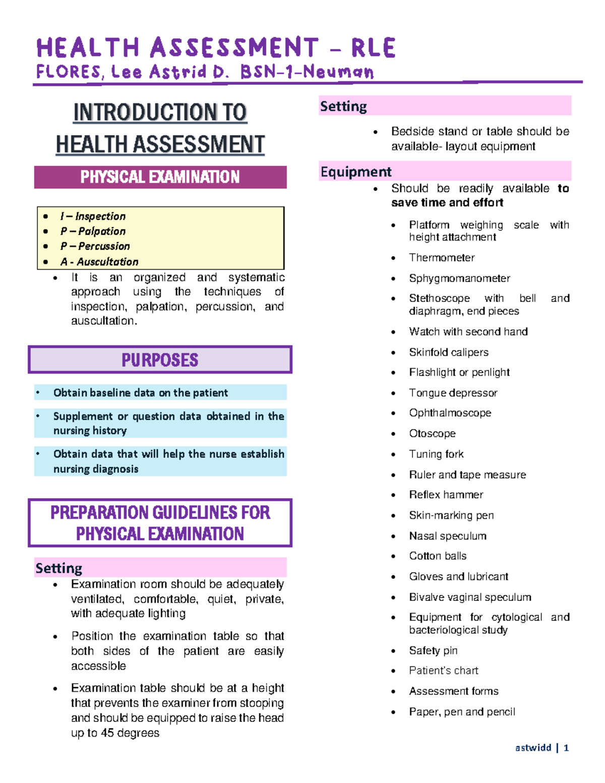 HA RLE Prelims - ssss - INTRODUCTION TO HEALTH ASSESSMENT PHYSICAL ...
