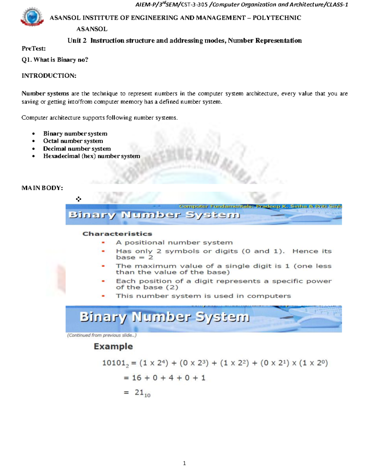 CO Unit2 part1-converted - ASANSOL INSTITUTE OF ENGINEERING AND MANAGEMENT – POLYTECHNIC ASANSOL ...