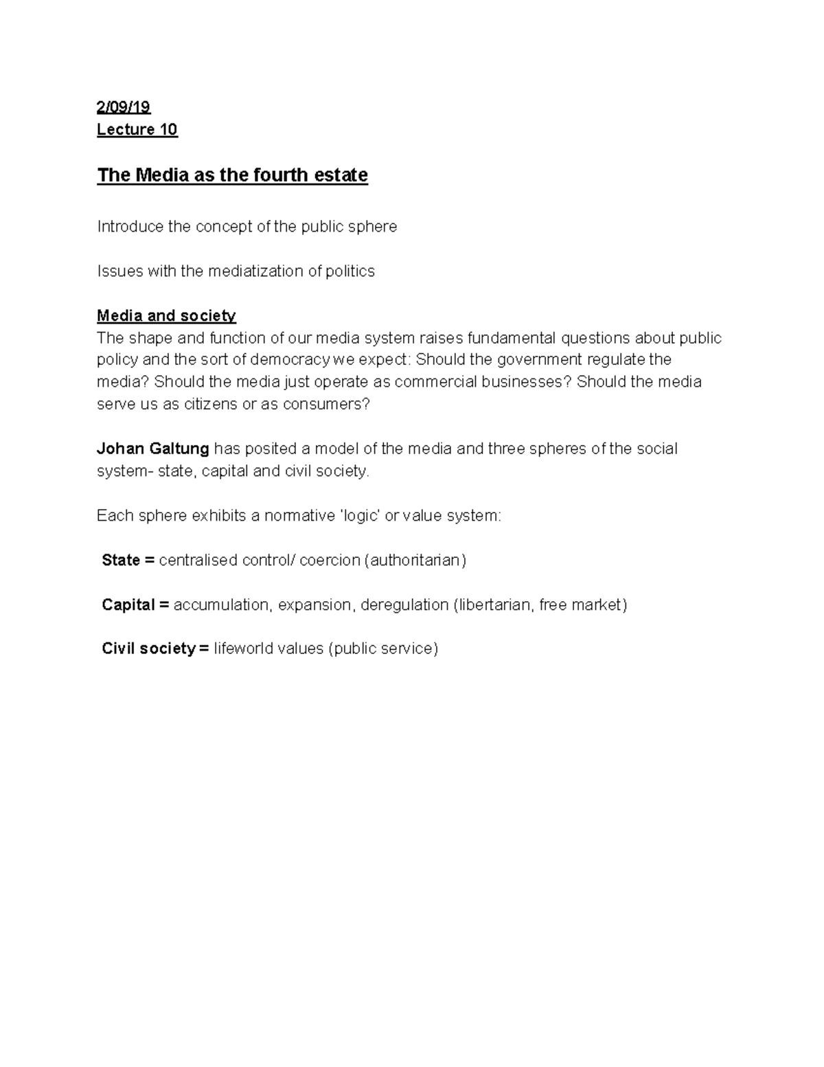POLS111-Lecture 10 - the media as the fourth estate - Lecture 10 The ...
