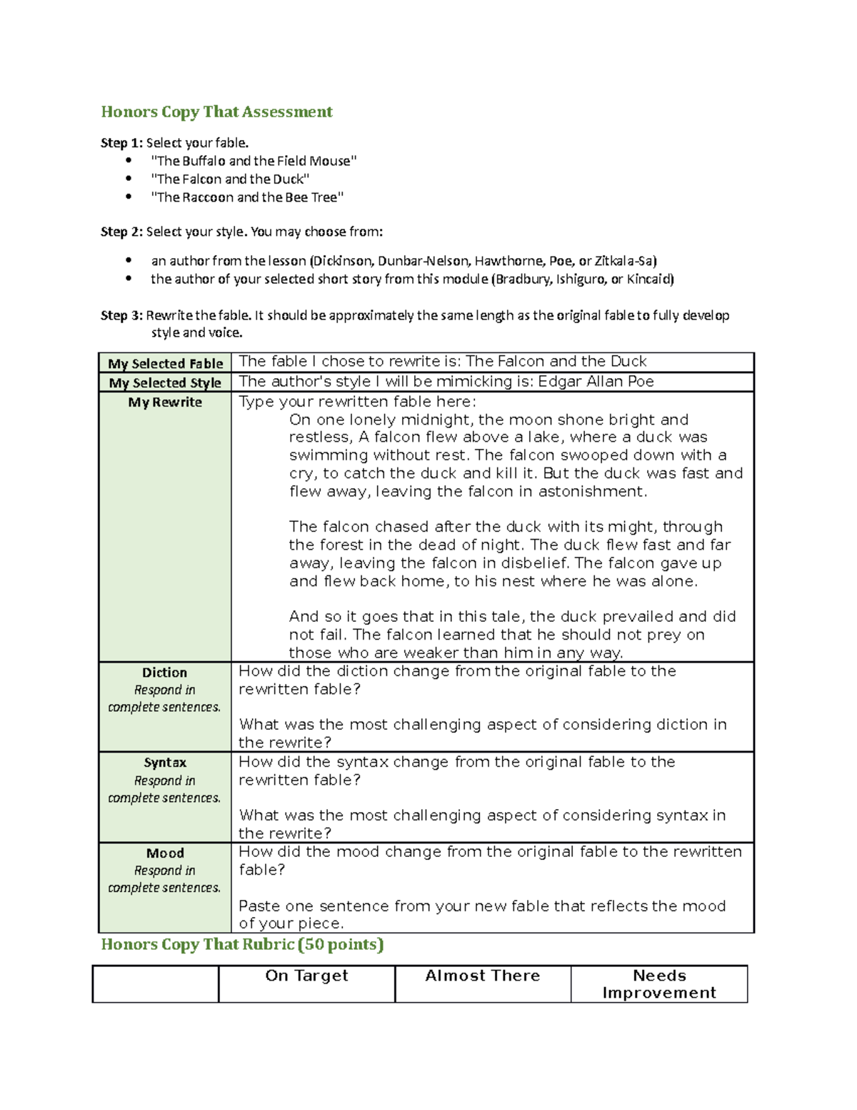 Honors copy that assess rubric - Honors Copy That Assessment Step 1 ...