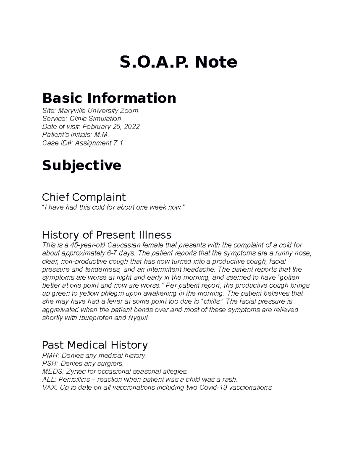 Clinic Sim SOAP 7 - Simulation SOAP note 7.1 - S.O.A. Note Basic ...