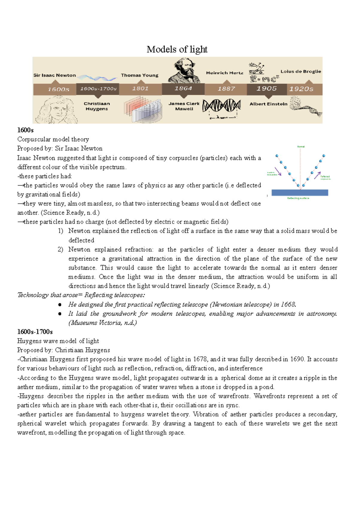 Physics timeline - Models of light 1600s Corpuscular model theory ...