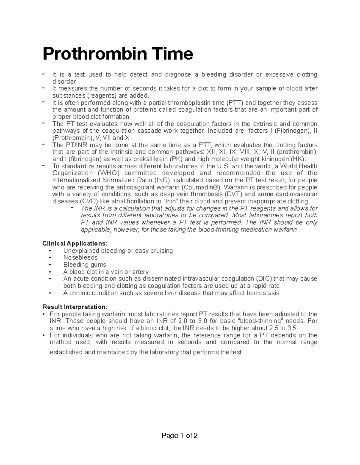 Prothrombin Time Lecture Notes 1 Medical Laboratory Scientist Studocu