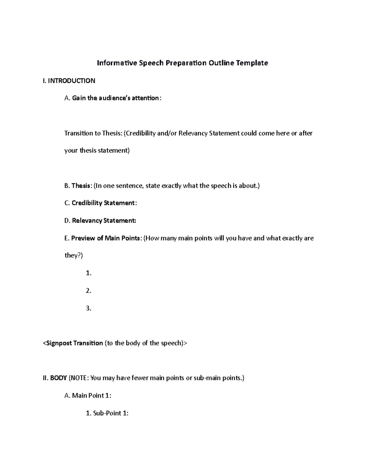 Informative Outline Template - Informative Speech Preparation Outline ...