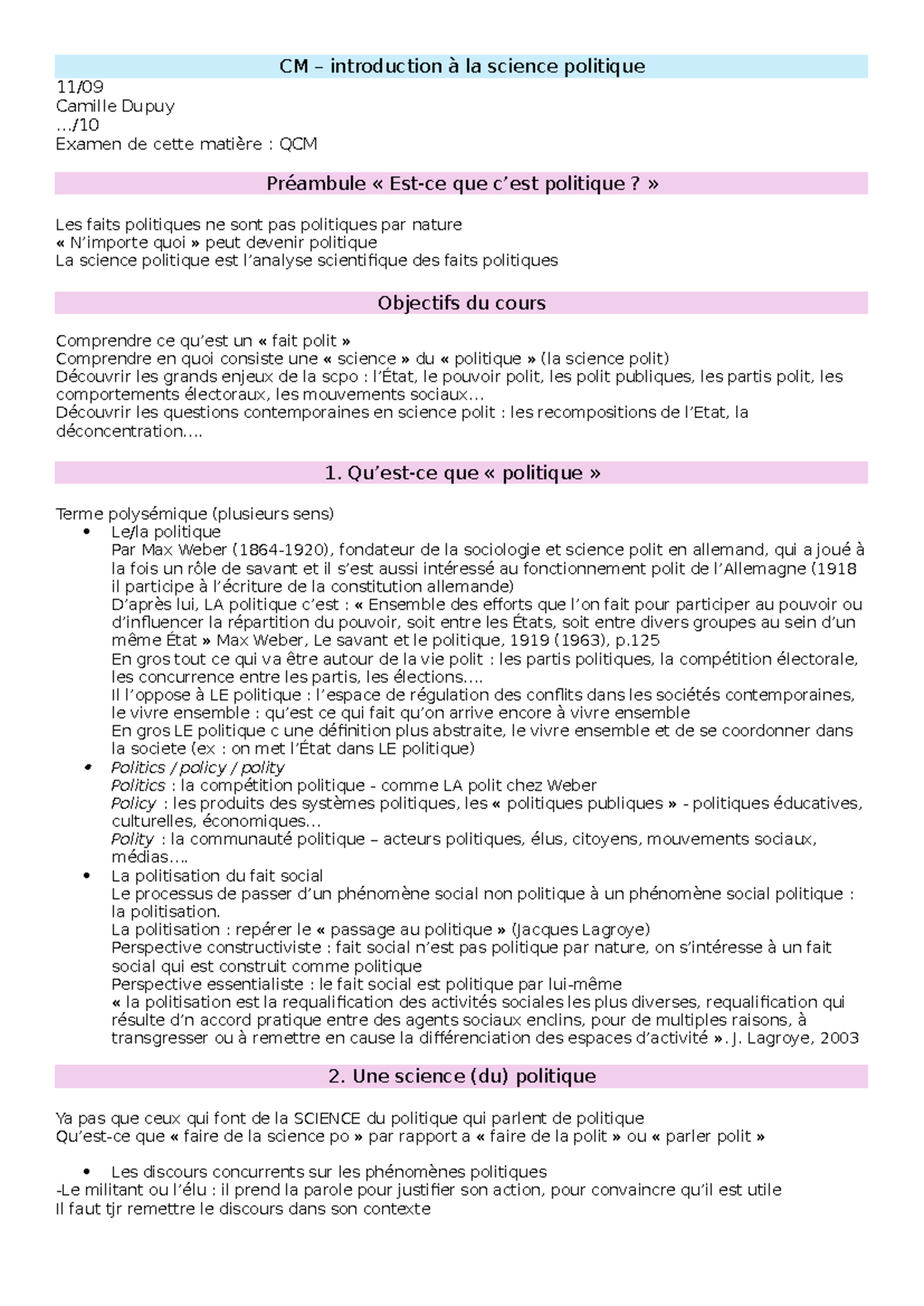 CM intro a la scpo 1109 - prise de notes CM - CM – introduction à la ...