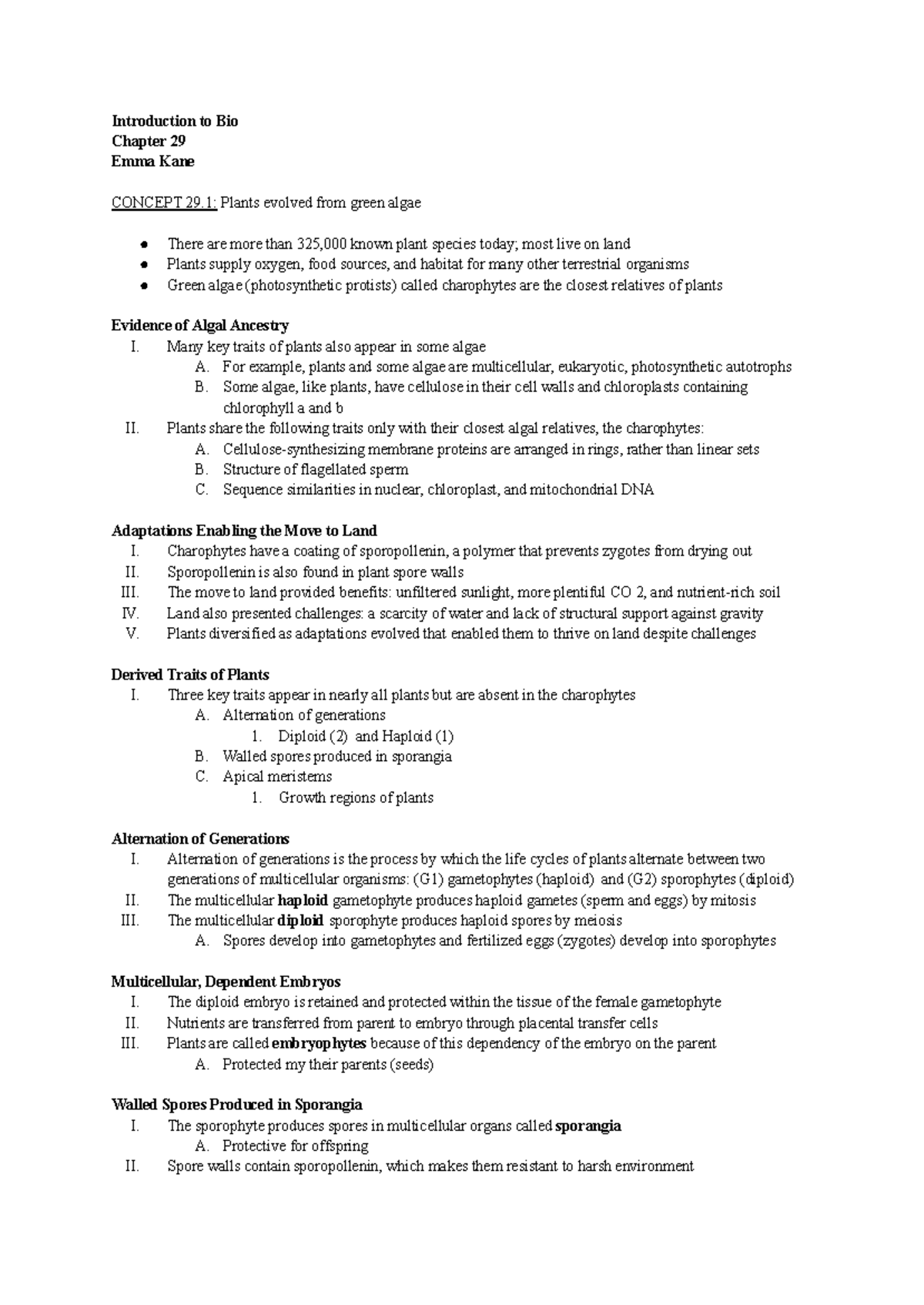 BY109- Chapter 29 - Introduction to Bio Chapter 29 Emma Kane CONCEPT 29: Plants evolved from ...