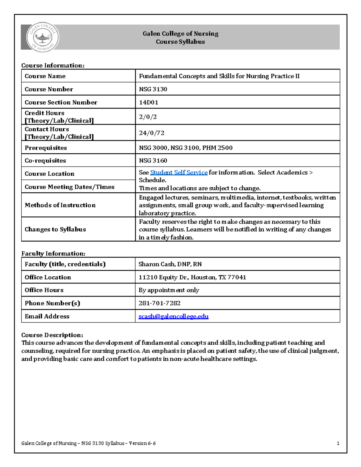 NSG 3130 Syllabus Version 01 - Galen College of Nursing Course Syllabus ...