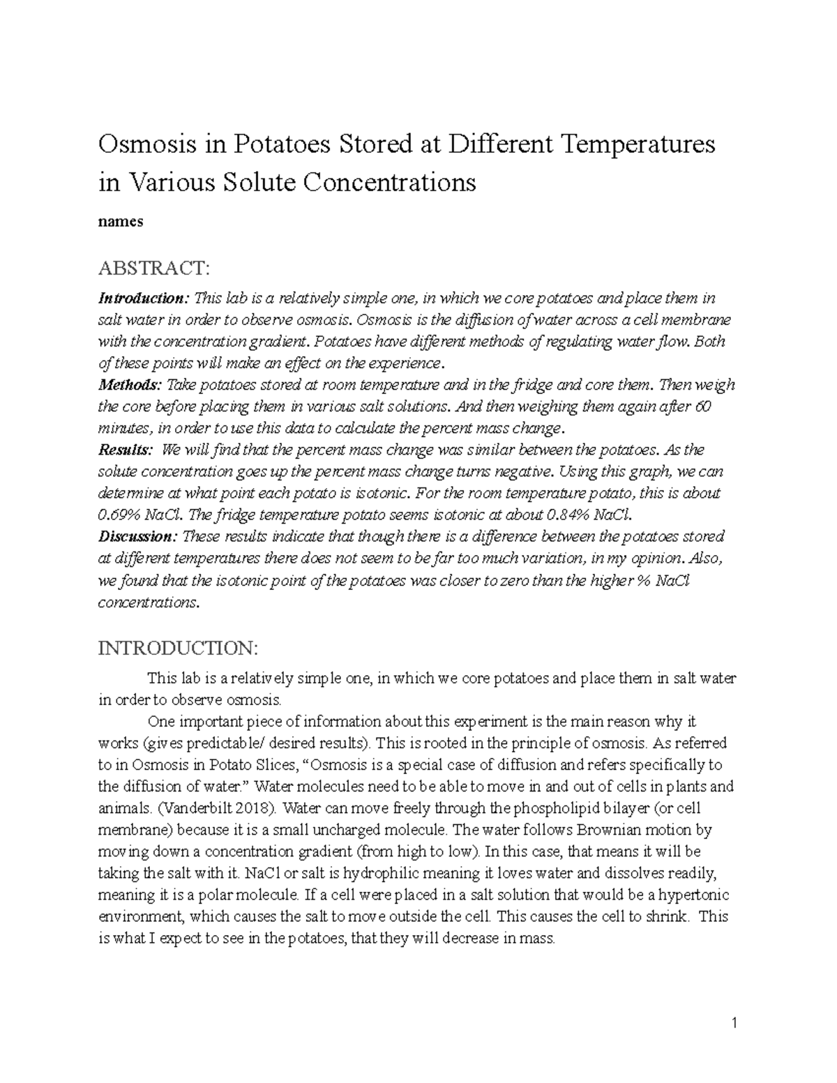 Potato Osmosis Lab Report Draft Osmosis In Potatoes Stored At