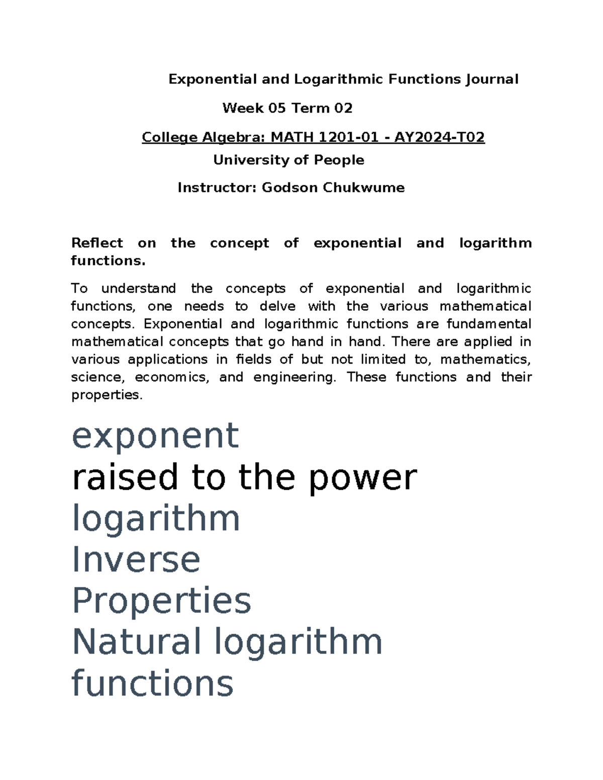 Exponential and Logarithmic Functions Jnl - To understand the concepts of exponential and - Studocu
