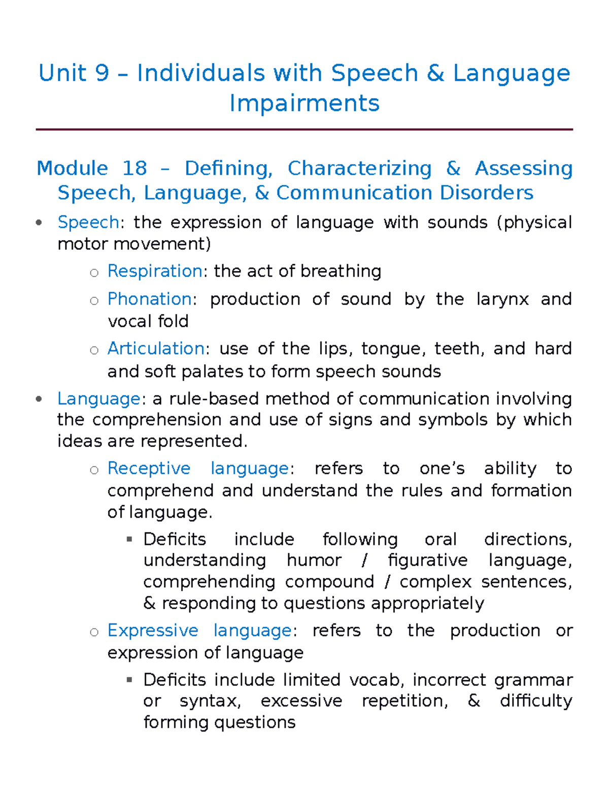 Unit 9 – Individuals with Speech & Language Impairments - Unit 9 ...