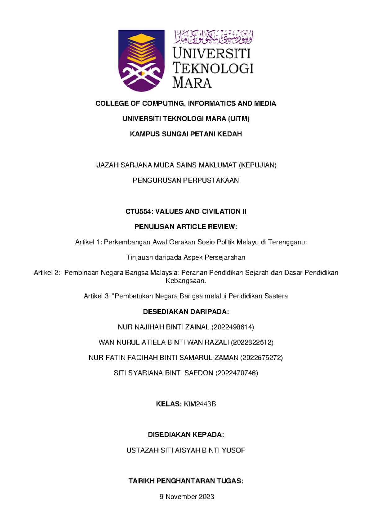 CTU554 - Group Assignment Article Review - COLLEGE OF COMPUTING ...