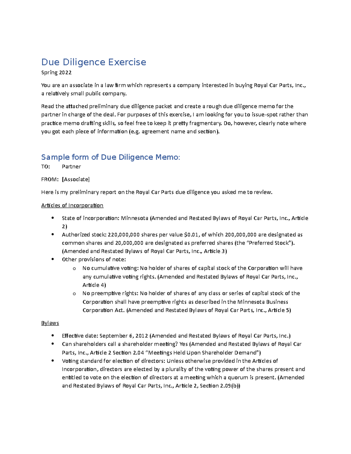 Due Dil Memo Exercise - Due Diligence Exercise Spring 2022 You are an ...