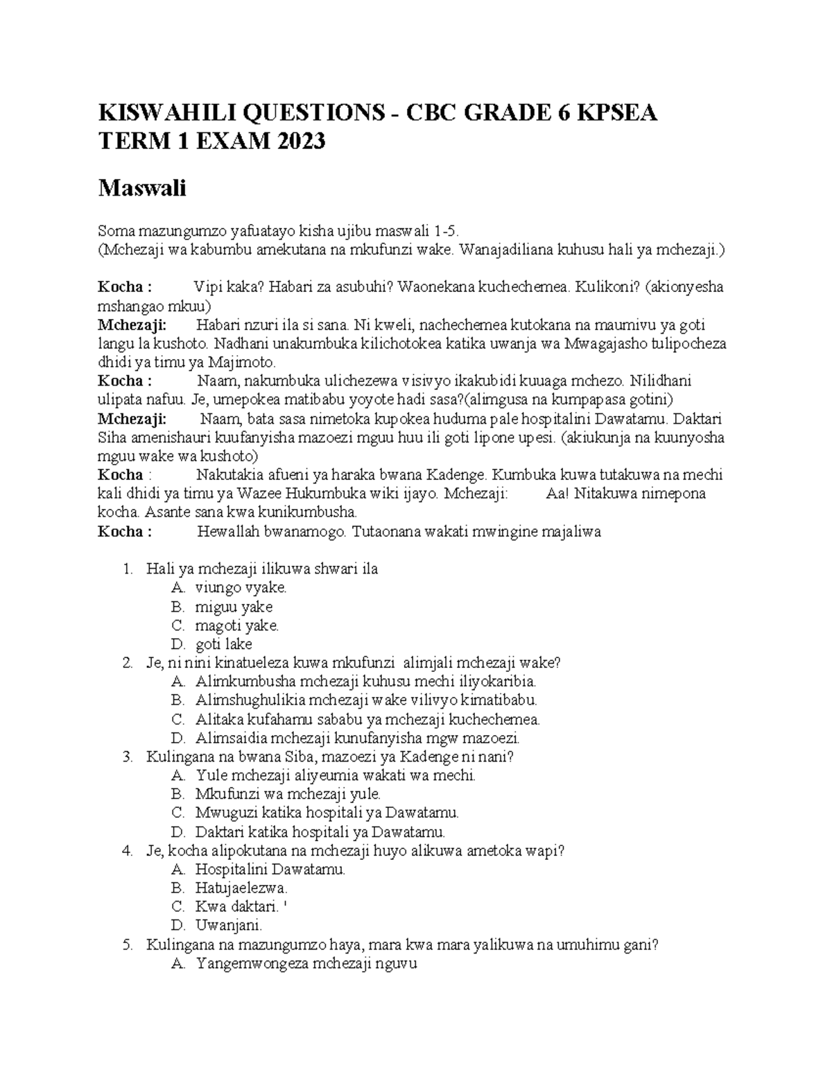 Kiswahili- Questions-1 - KISWAHILI QUESTIONS - CBC GRADE 6 KPSEA TERM 1 ...