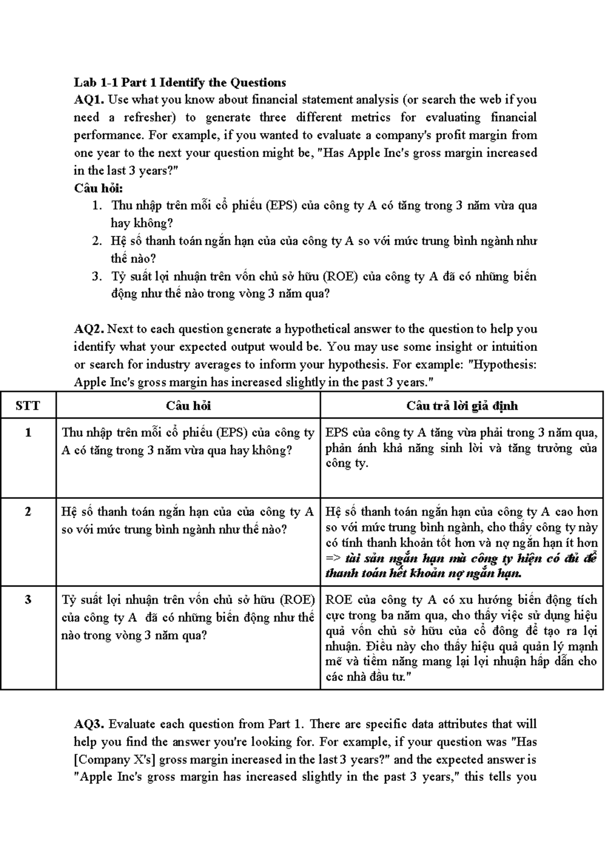 Chapter 1 - PTDL - Lab 1-1 Part 1 Identify the Questions AQ1. Use what you know about financial ...