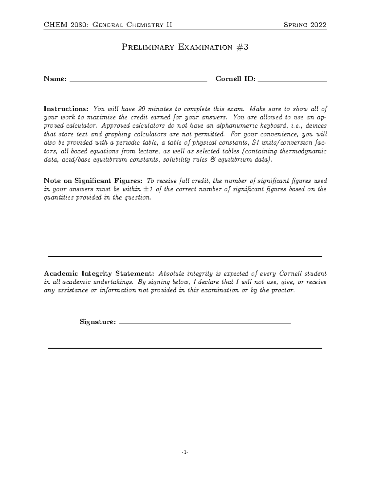 PE-3-2022 - chem notes - Preliminary Examination Name: Cornell ID ...