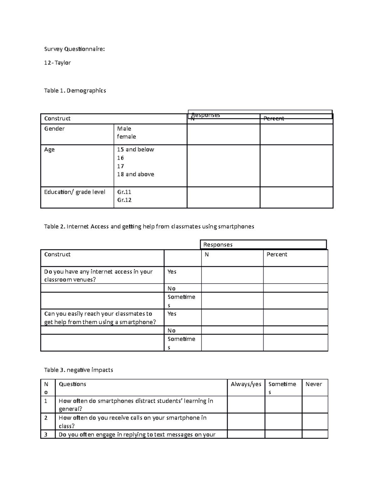Survey Questionnaire Sun and moon - Survey Questionnaire: 12- Taylor ...