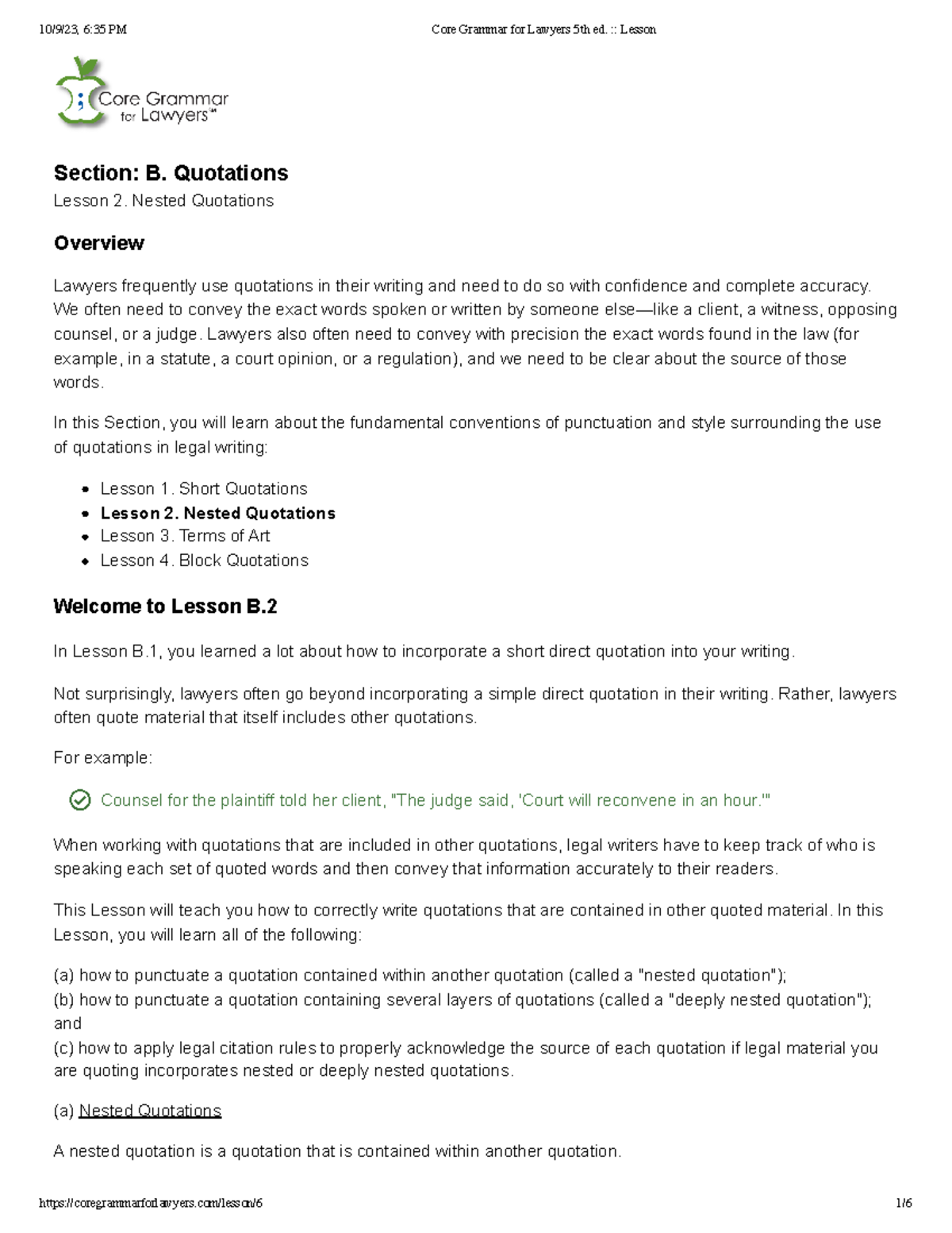 7 - n/a - Section: B. Quotations Lesson 2. Nested Quotations Overview ...