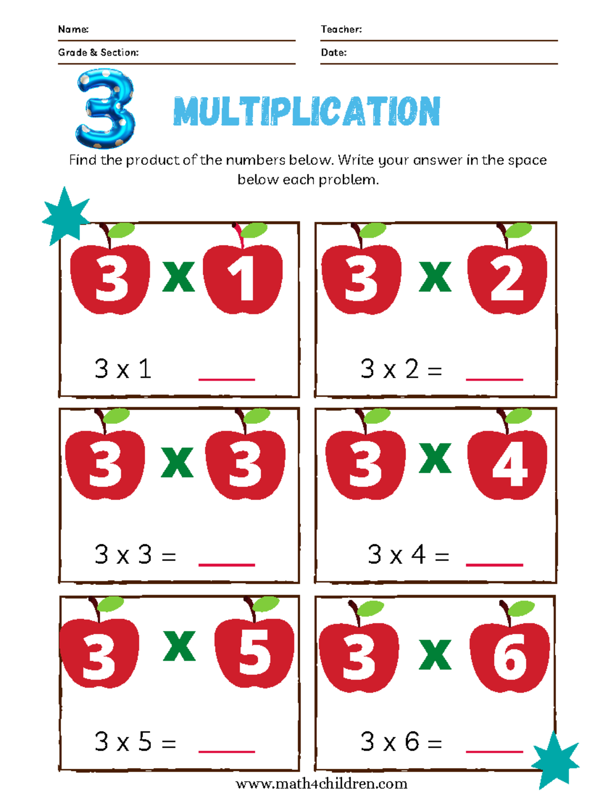 3 times tables worksheets - Multiplication Find the product of the ...