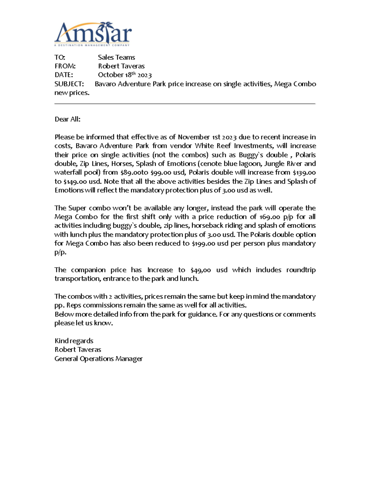 Bavaro Adventure Park Memo Price changes[ 19385 ] - TO: Sales Teams ...
