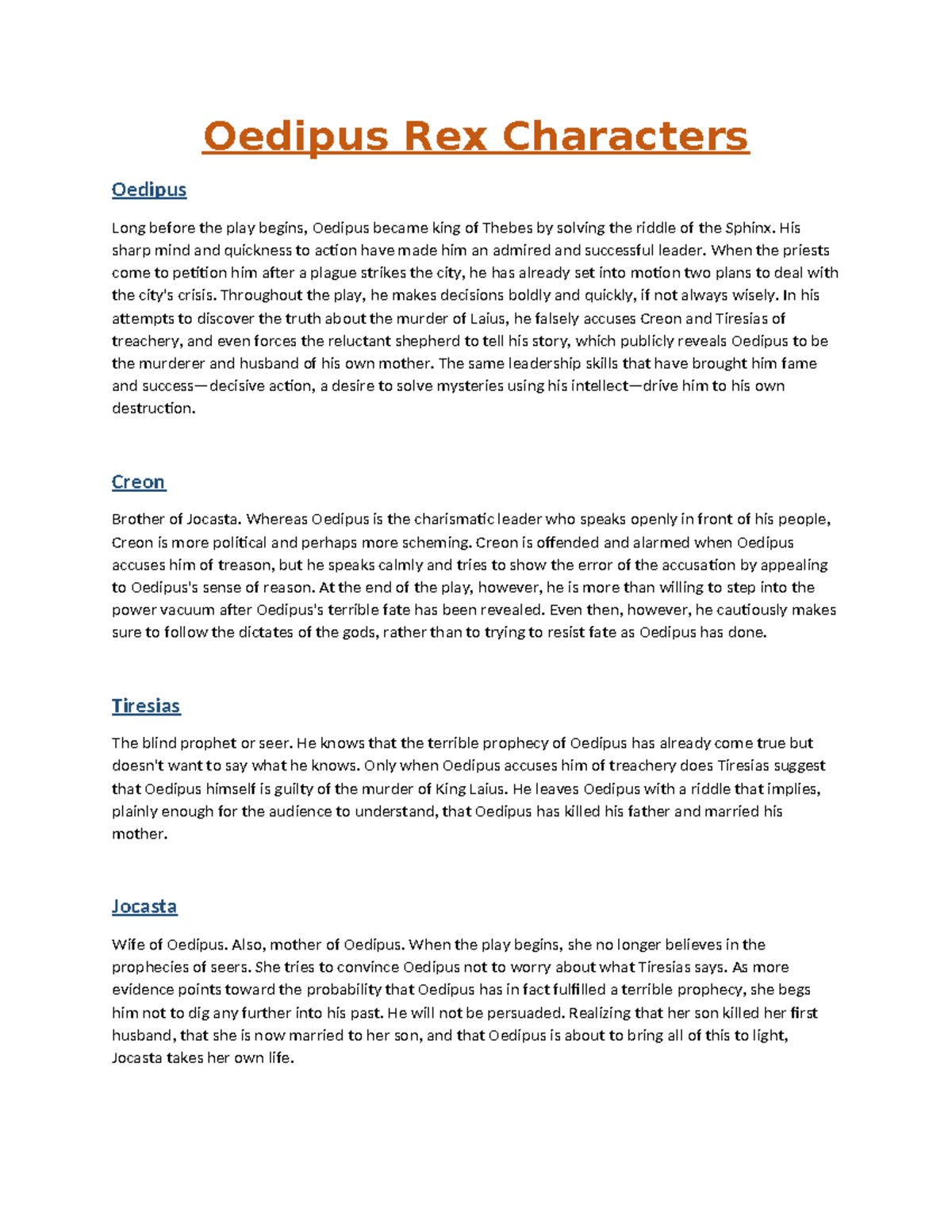 Oedipus Rex Characters - Oedipus Rex Characters Oedipus Long before the ...