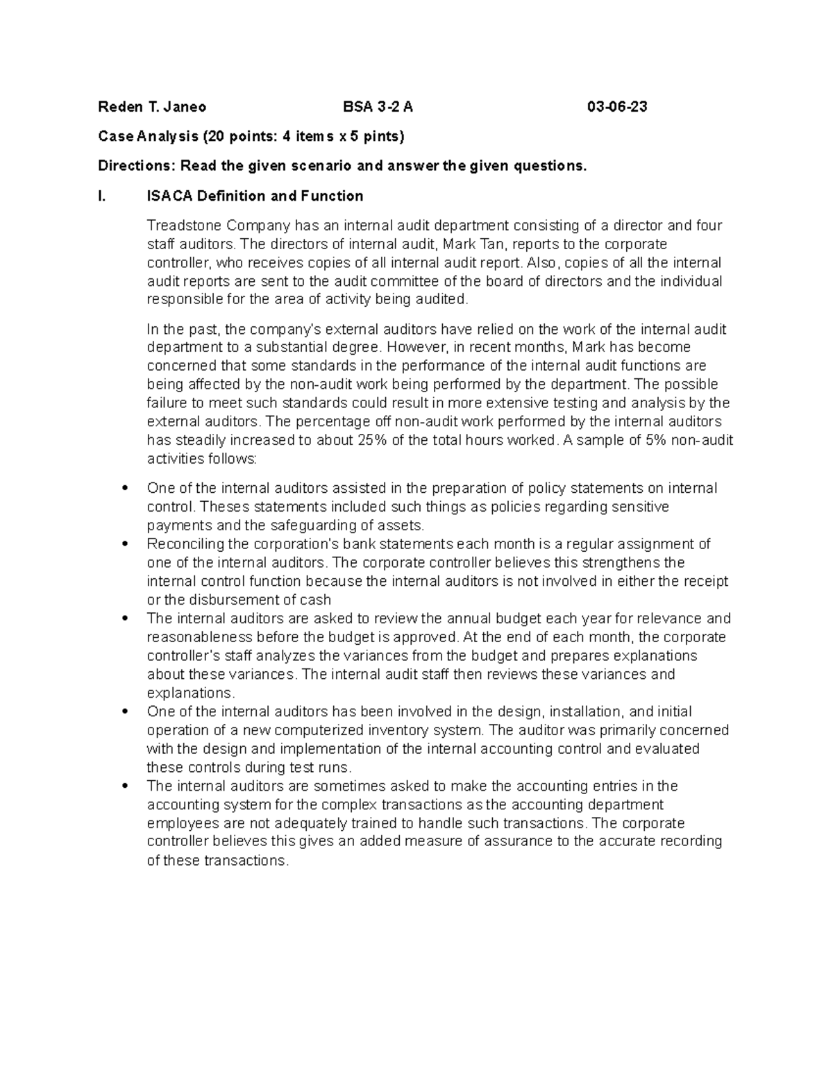 TP 01 CIS, Janeo Reden - dsadasd - Reden T. Janeo BSA 3-2 A 03-06- Case Analysis (20 points: 4 ...