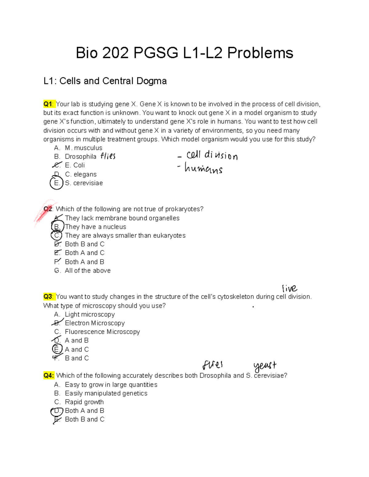 Bio 202 L1-2 2 - n/a - Bio 202 PGSG L1-L2 Problems L1: Cells and ...