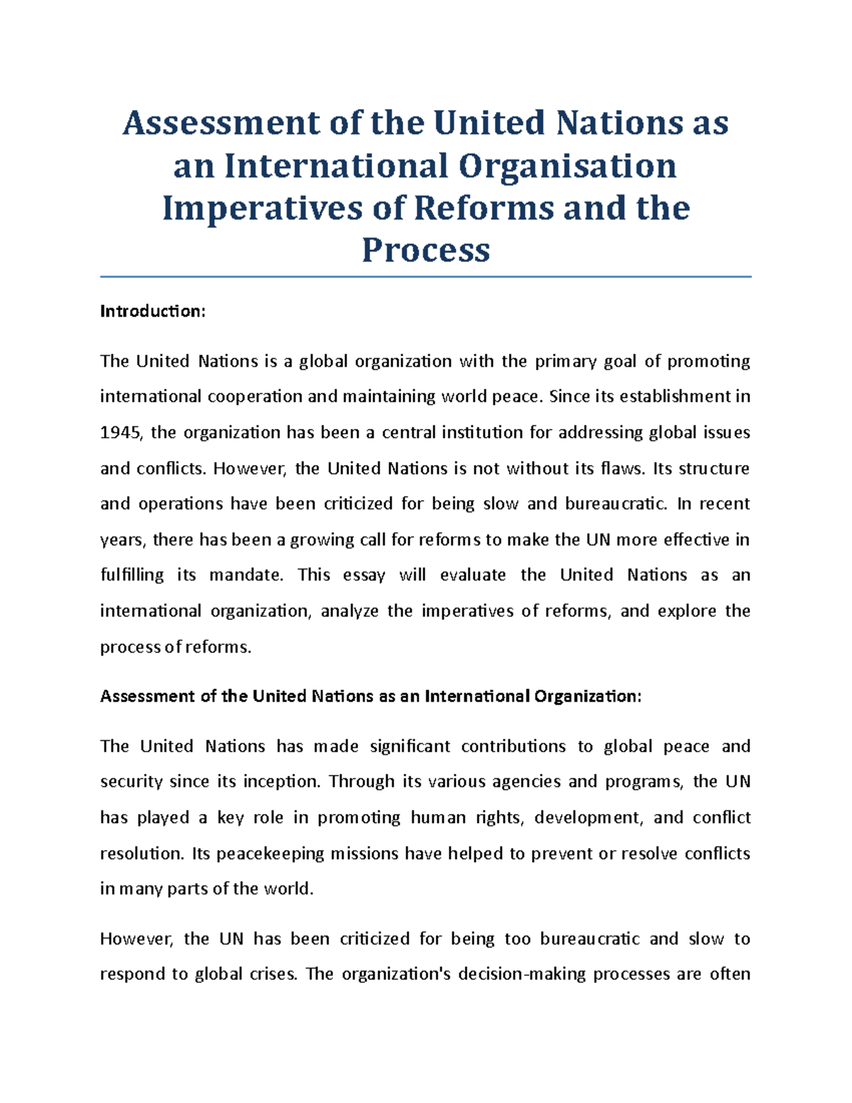 Assessment of the United Nations as an International Organisation ...