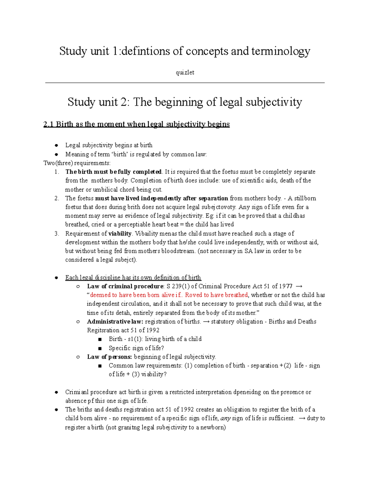 Law of Persons Notes - Study unit 1:defintions of concepts and ...