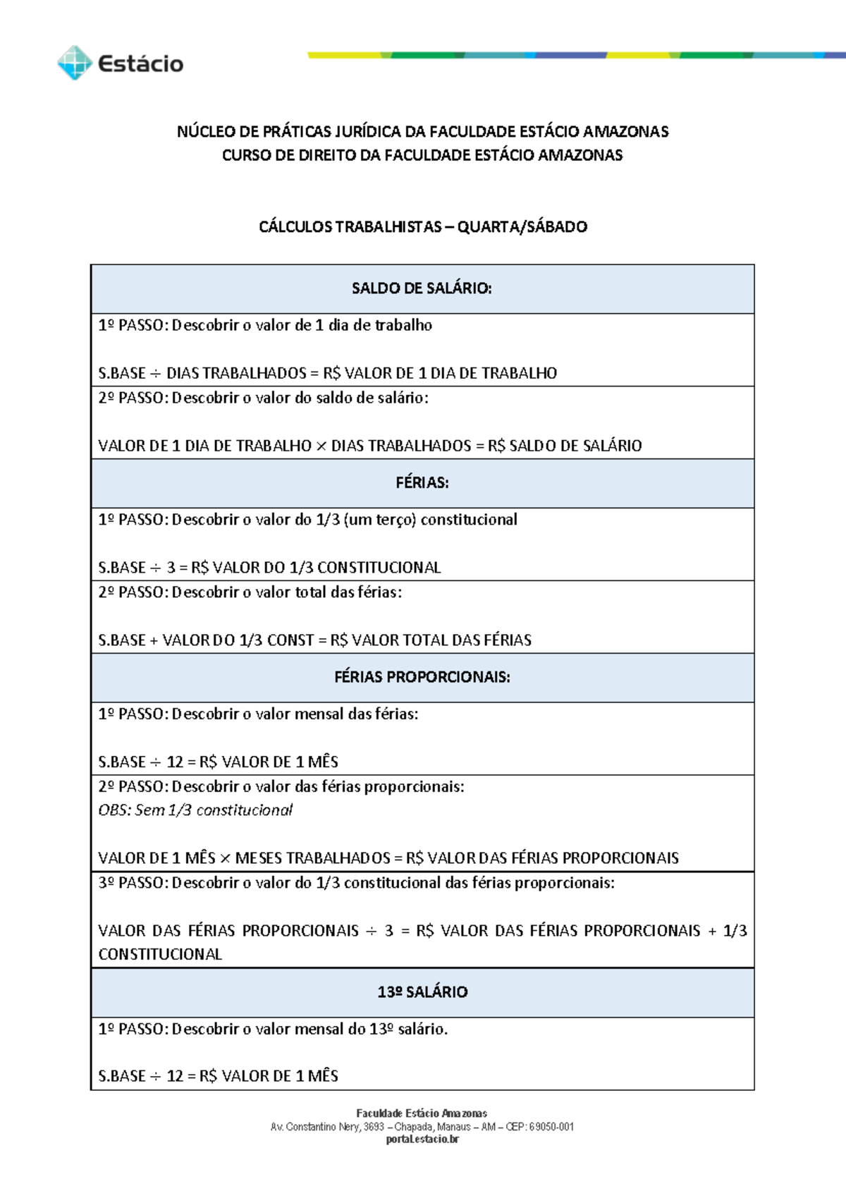 Calculos Trabalhistas (1) - Faculdade Estácio Amazonas Av. Constantino ...