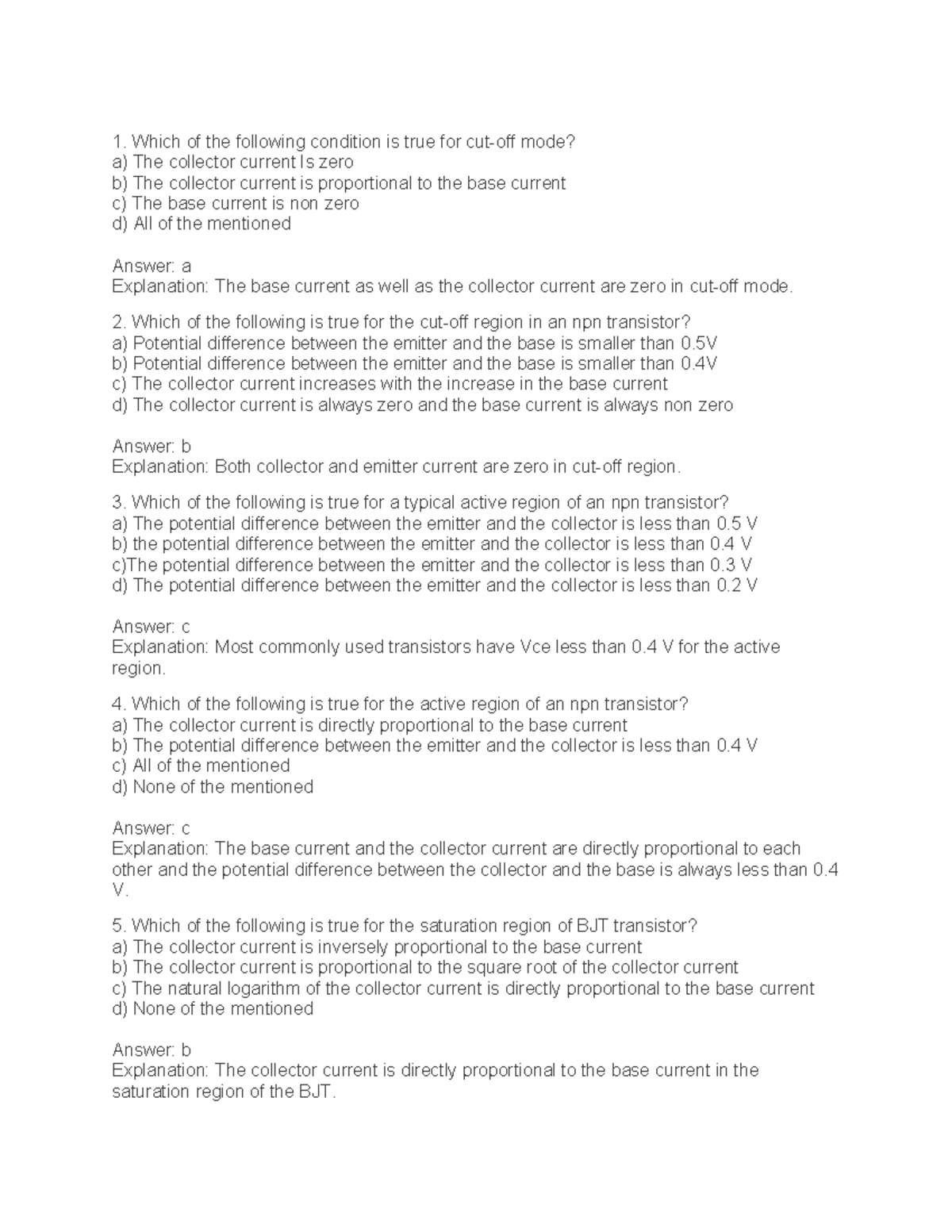 Bjt Mcq 2 Good Dsa 1 Which Of The Following Condition Is True For Cut Off Mode A The