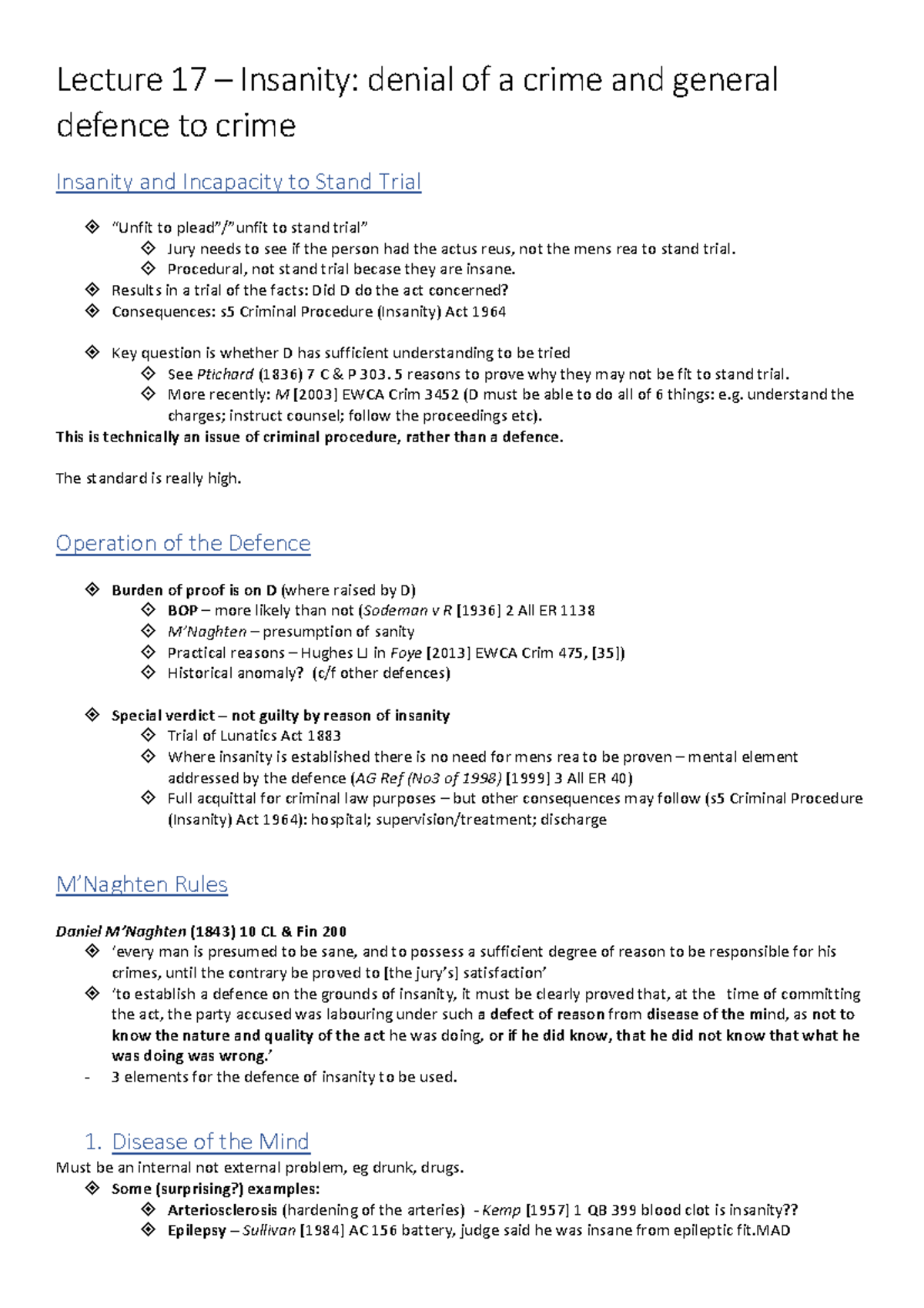 Insanity Lecture 17 notes - Lecture 17 – Insanity: denial of a crime ...