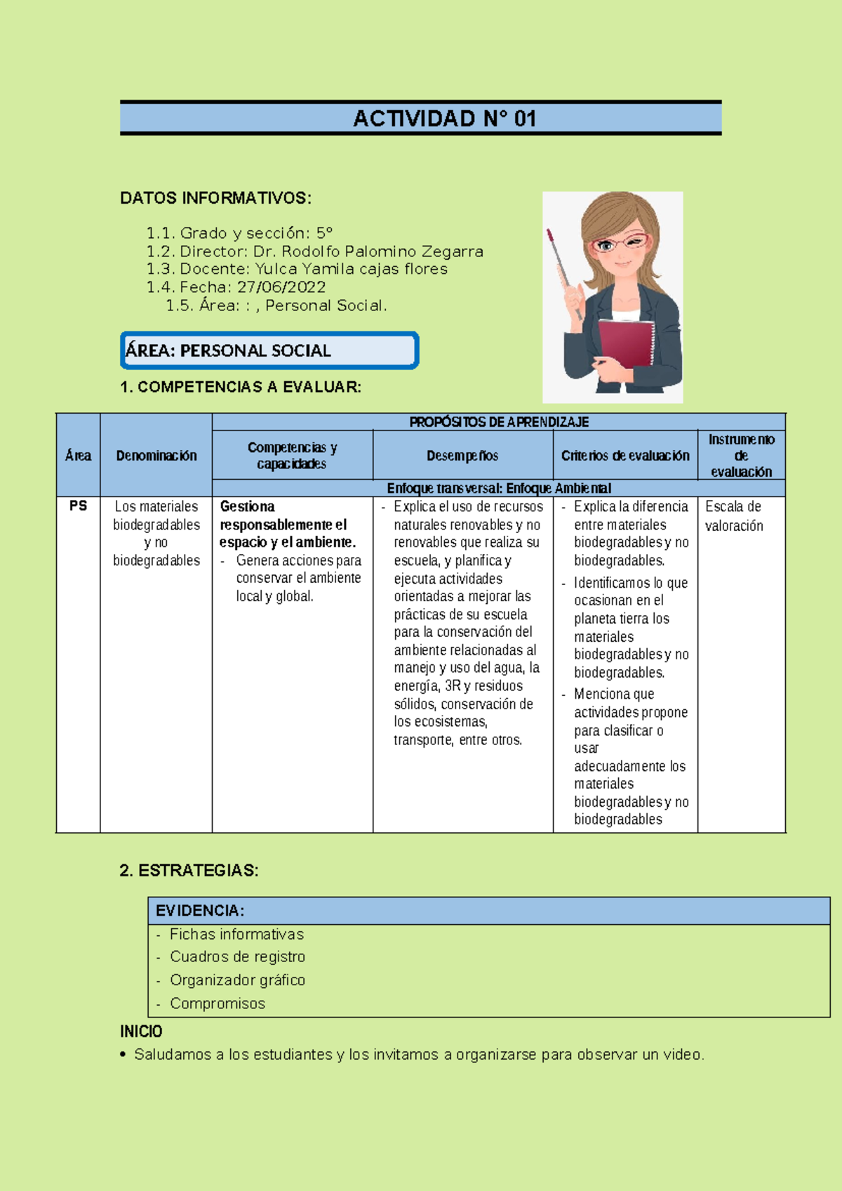Seccion los materiales degradables y no biodegradables - ACTIVIDAD N° 01 DATOS INFORMATIVOS: 1 ...
