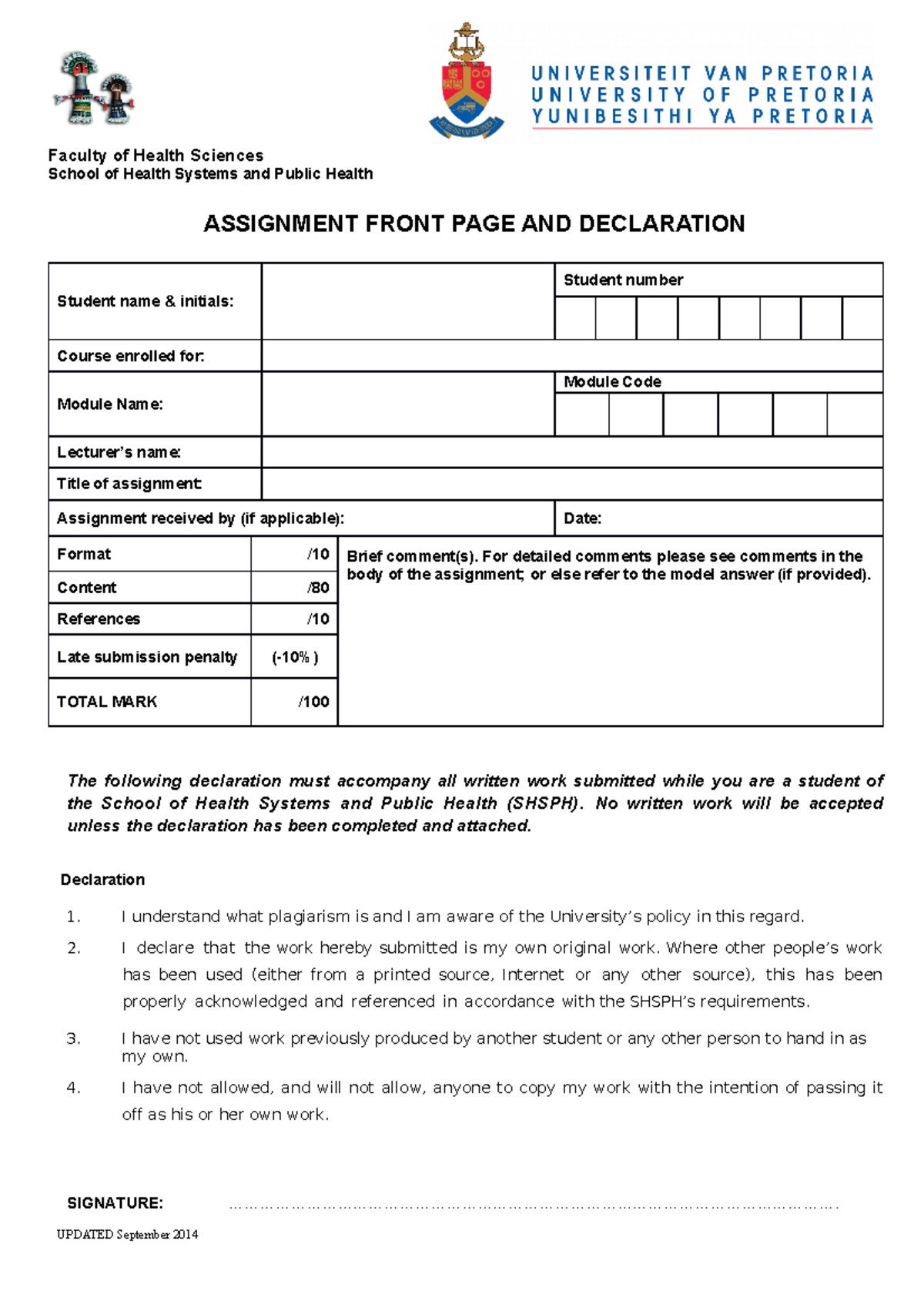 Assignment mark frontpage - Faculty of Health Sciences School of Health ...