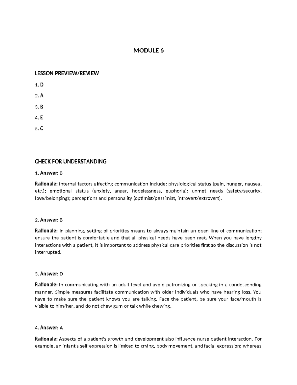 Module - 6 - NUR 091 - MODULE 6 LESSON PREVIEW/REVIEW 1. D 2. A 3. B 4. E 5. C CHECK FOR - Studocu