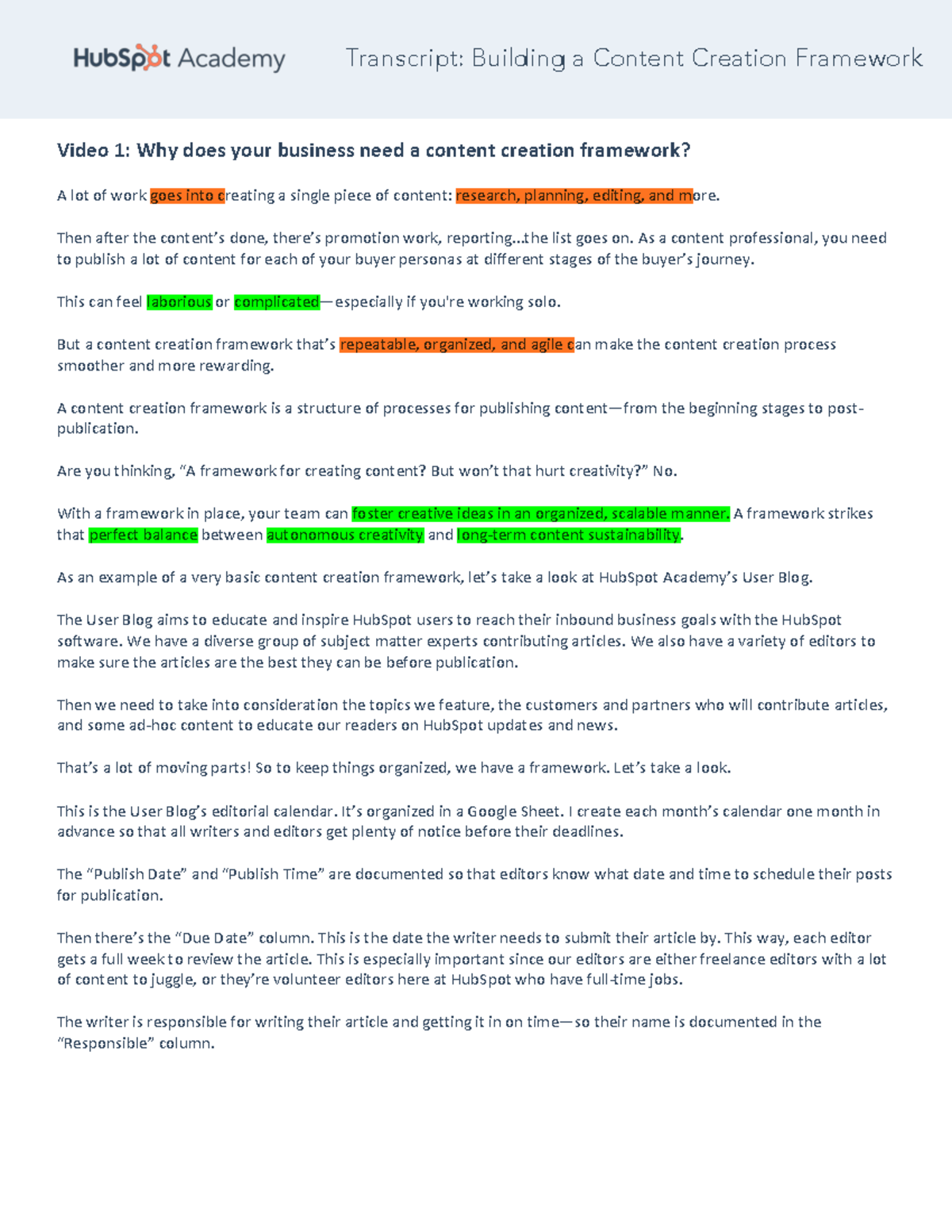Lesson building a content cretion framework Script - Video 1: Why does ...