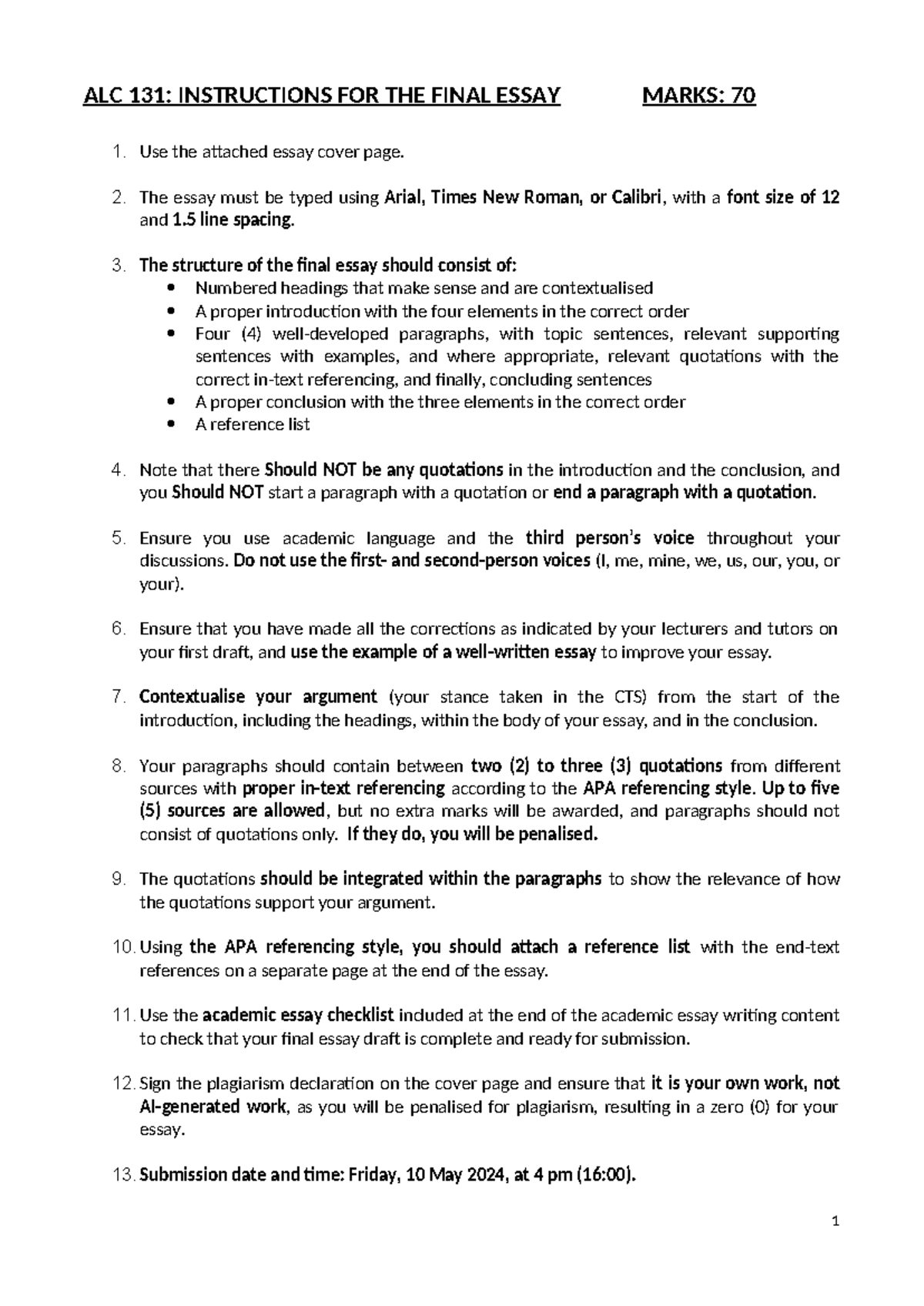 ALC 131 Instructions for the final essay, Term 2, 4 May 2024 final 1 ...