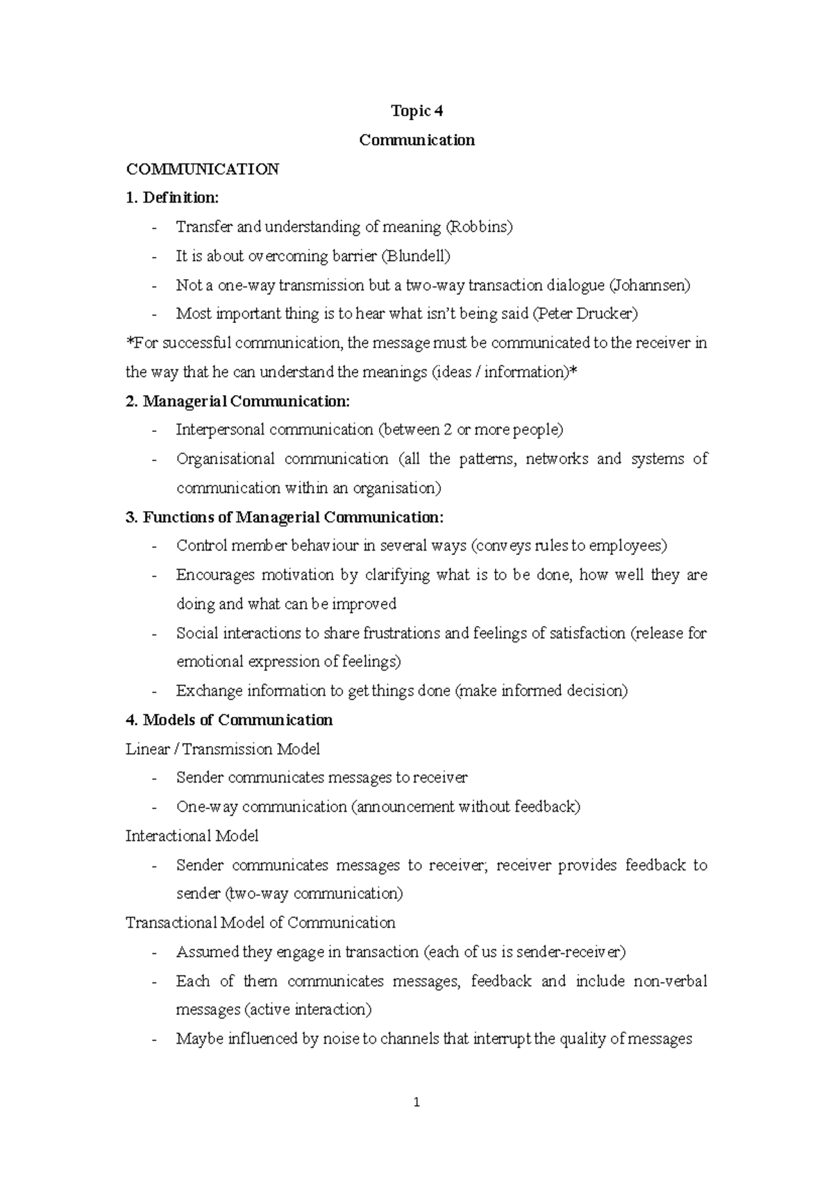 Lecture notes, Topic 4 - communication - Topic 4 Communication ...