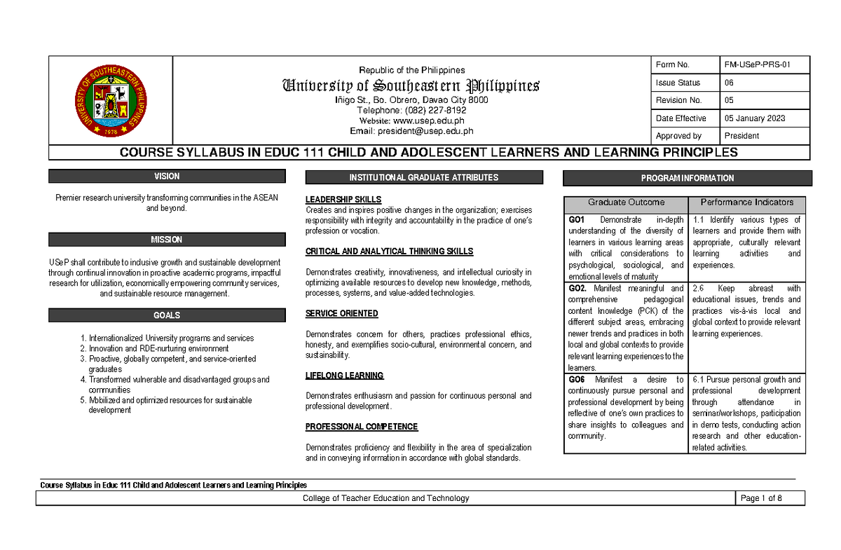 Educ111 - EDUC 111 - Course Syllabus in Educ 111 Child and Adolescent ...