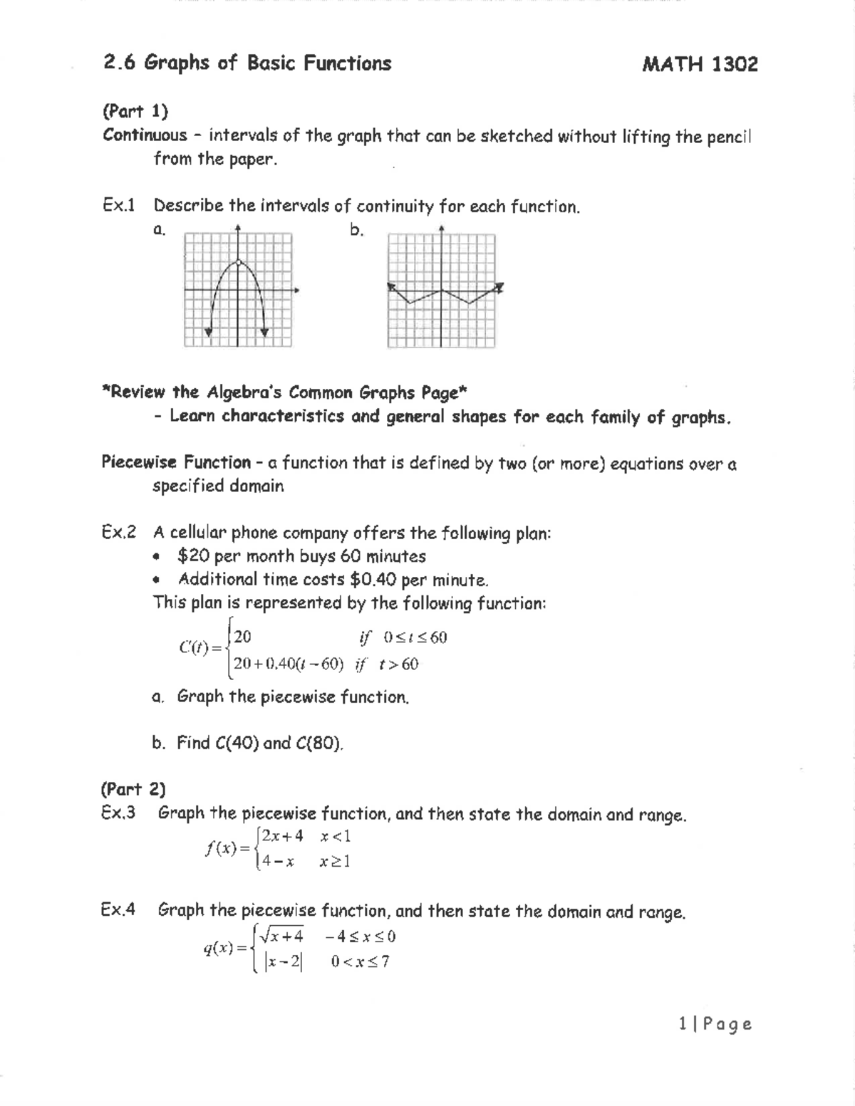 College Algebra Chapter 2.6 - 2 Graphs of Basic Functions MATH 1302 ...