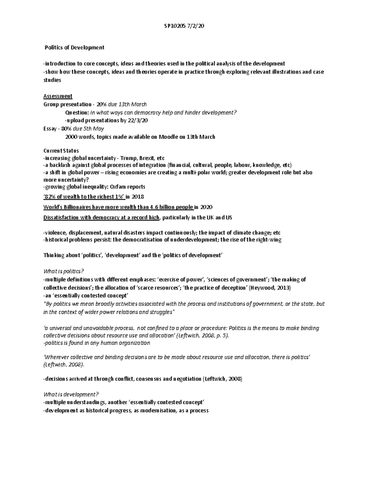Politics of Development Intro - SP10205 7/2/ Politics of Development ...