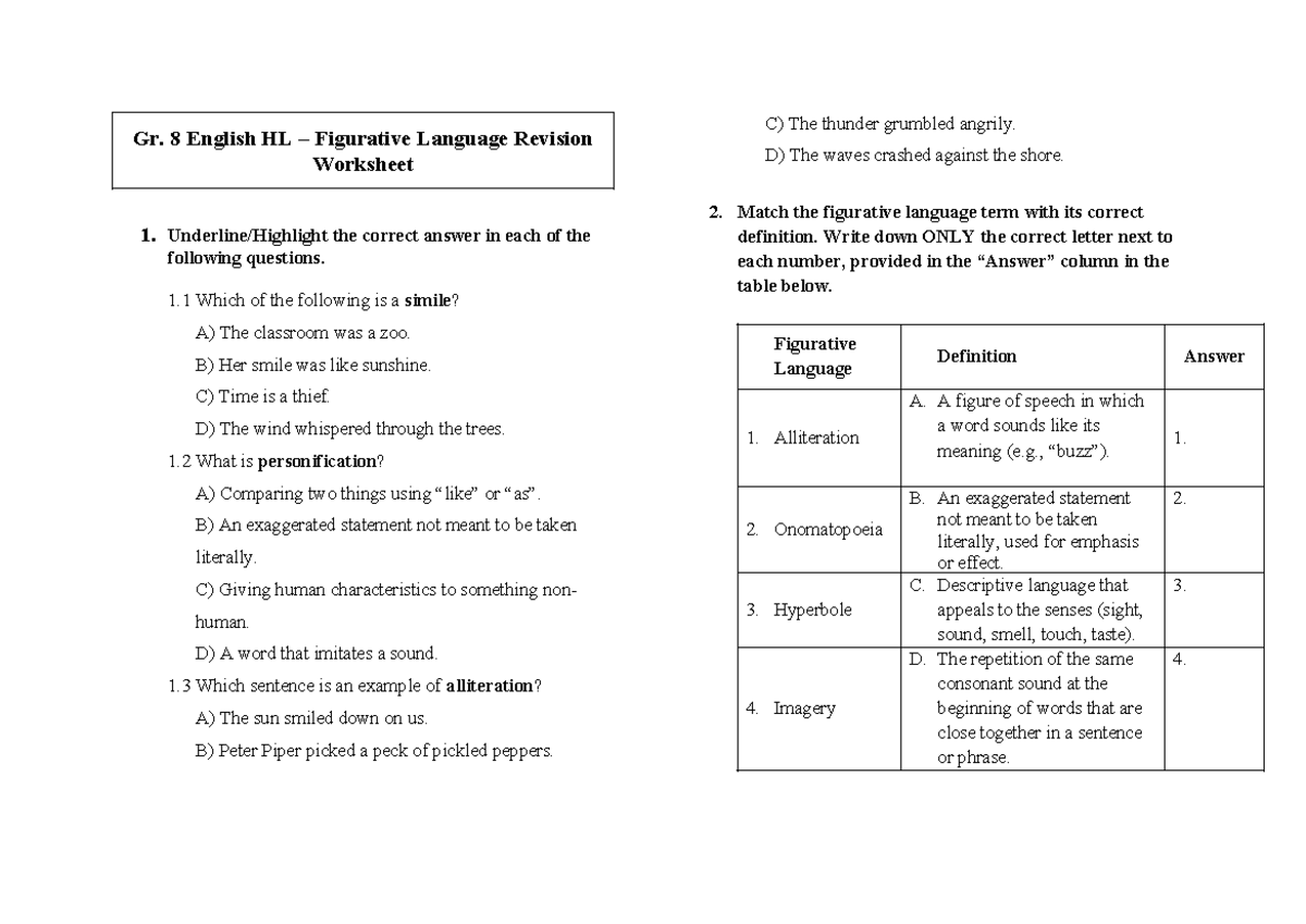Gr. 8 English HL – Figurative Language Revision Worksheet - Gr. 8 ...