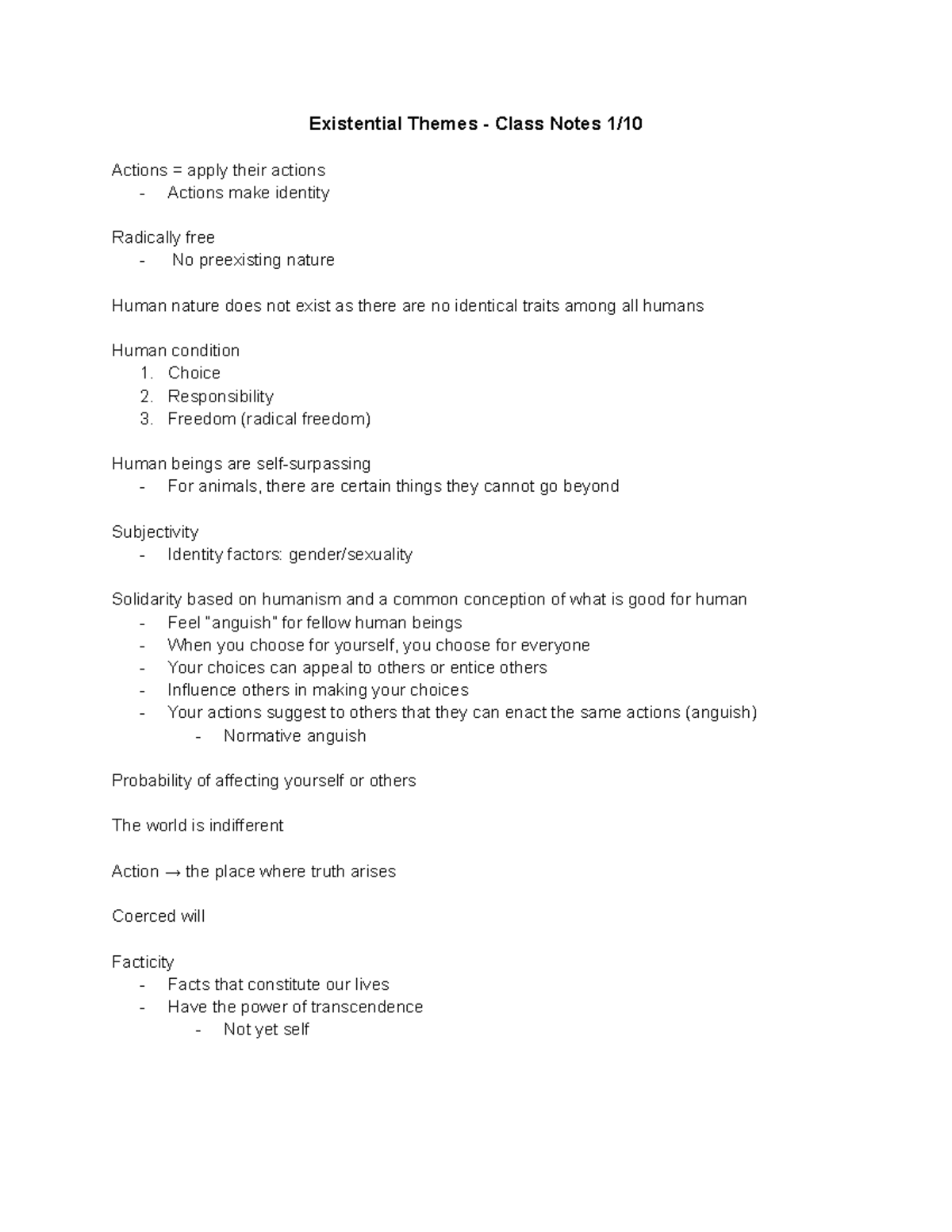 Existential Themes - Class Notes 1-10 - Existential Themes - Class ...